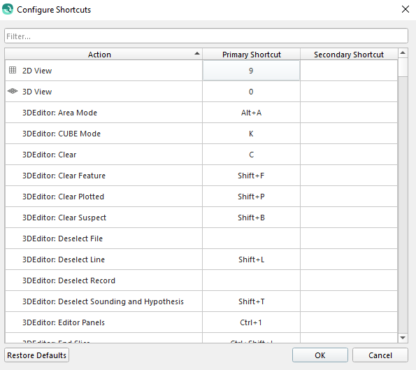Qimera Configure Shortcuts Dialog